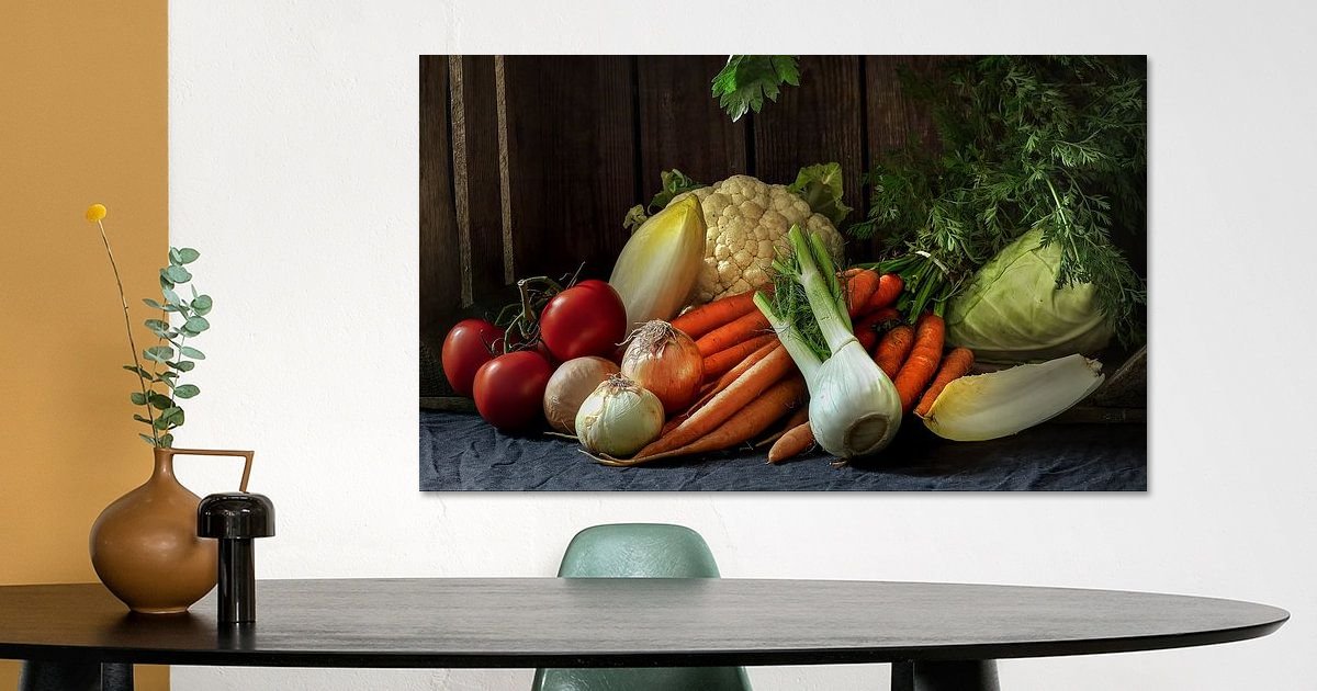 Stilleven met groenten van Jan van der Linden op canvas, behang en meer